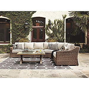 Signature Design by Ashley Beachcroft Farmhouse Outdoor Patio Wicker Curved Corner Chair, Beige