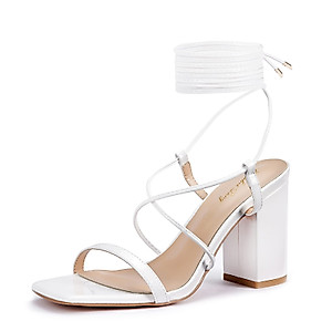 Elisabet Tang Women's Strappy Chunky Heels Sandals, Lace Up 3 inch Low Block Heels Ankle Wrap Heel Square Open Toe Tie Up Heeled Sandals Shoes White Size 8