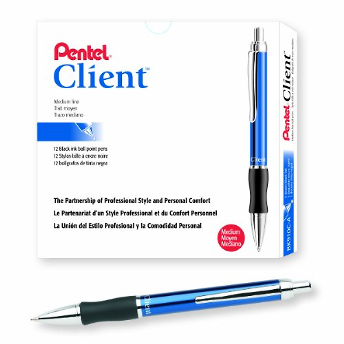 Pentel Client Retractable Ballpoint Pen, Medium Line, Blue Barrel, Black Ink, Box of 12 (BK910C-A)