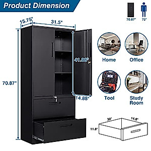 PEUKC 2-Drawer Metal File Cabinet, Lateral Vertical Filing Cabinets for Home Office, Locking File Cabinet with Storage Shelves, Legal/Letter/A4 Size Offcie File Cabinet, (Black, Assemble Required)