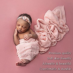 4 PCS Newborn Photography Props Wrap Knit Handmade Pearl Decor Wrap Blanket Swaddle Baby Photo Props Baby Photoshoot Props Prop 2PCS Newborn Photography Wraps + 2PCS Headband(Snow Powder/Beige)