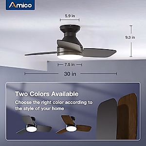 Amico Ceiling Fans with Lights, 30 inch Low Profile Ceiling fan with Light and Remote Control, Flush Mount, Reversible, 3CCT, Dimmable, Noiseless, Black Ceiling Fan for Bedroom, Indoor/Outdoor Use
