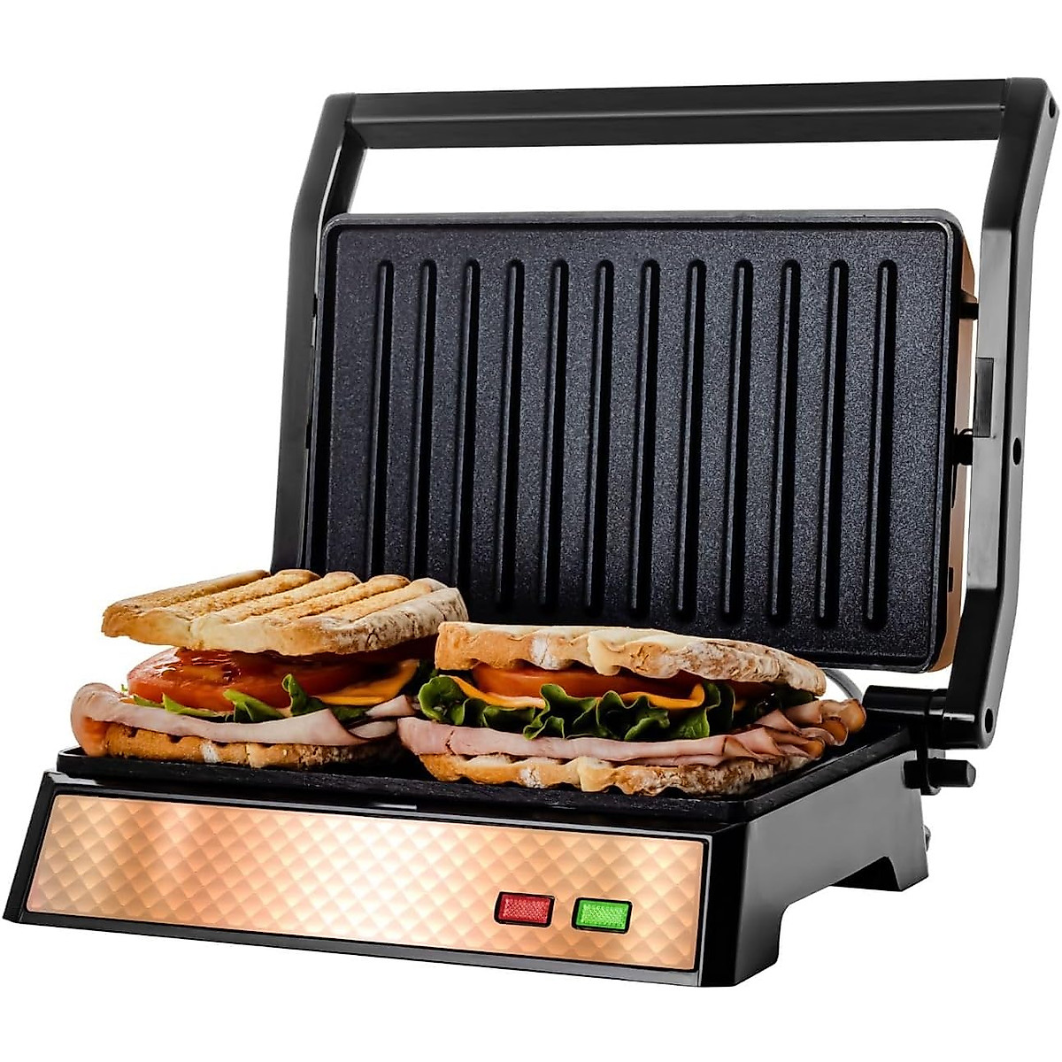 Ovente Electric Indoor Panini Press Grill with Non-Stick Cooking Plate, 1000W Thermostat Control and Removable Drip Tray for Easy Clean, Ideal 2-Slice Sandwich Maker for Breakfast, Copper GP0620CO