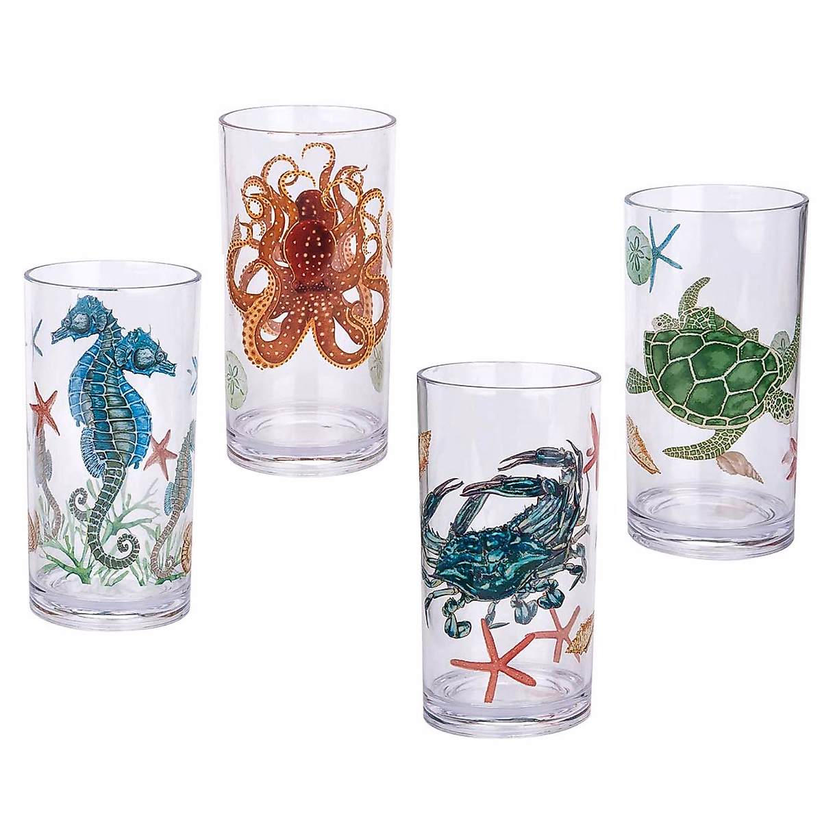 KX-WARE Sea Ocean Life 20-ounce Plastic Tumbler Drinking Glasses Mixed Drinkware Sets, set of 4