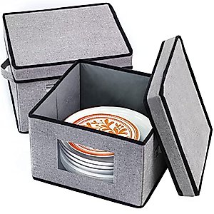 Sakuchi China Storage Containers for Dishes With Handles, Dinnerware Storage Box for Plates with 12 Cushion Sheets, 12"x12", Set of 2 (Grey)