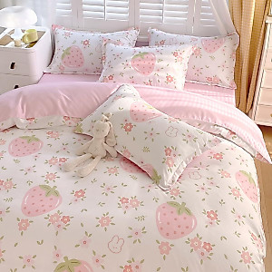 SOULZZZ White Pink Duvet Covers Queen Size - Pink Strawberry Bedding Queen Comforter Sets 3 PCS with Zipper Closure Duvet Cover & 2 Pillow Shams (No Comforter)