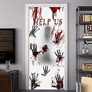 Halloween Giant Bloody Window Posters, Zombie Door Cover Help Me, Bloody Handprint Window Clings Party Decoration, Wall Poster Haunted House Door Cover, Bloody Hands Mural,Scary Halloween Window Decor