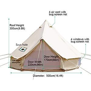 PlayDo 5M/16.4ft Waterproof Cotton Canvas Wall Tent Bell Yurt with Stove Flue Kit for 6-8 Person Camping Hiking Hunting Festival Party