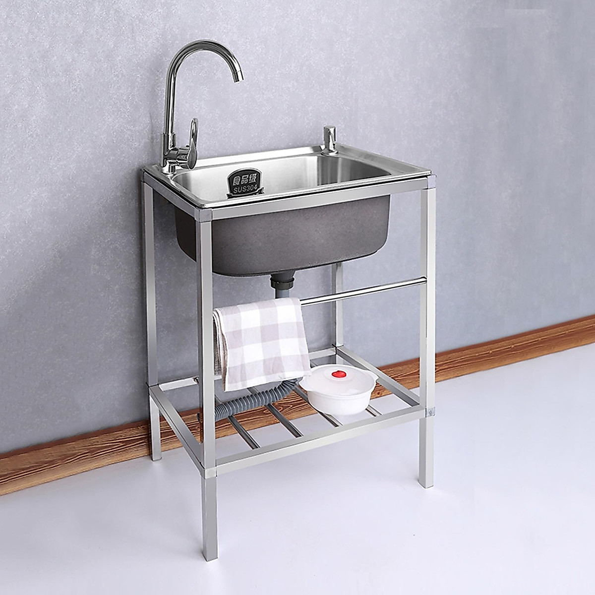 Outdoor Garden Sink Single Trough, Small Stainless Steel Utility Commercial Kitchen Washing Hand Basin Station Sink with Storage Shelve and Faucet, for Restaurant, Bar, Laundry, Garage, Backyard ( Col