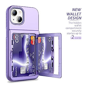 WeLoveCase for iPhone 13 / iPhone 14 Wallet Case with Credit Card Holder & Hidden Mirror, Two Layer Shockproof Heavy Duty Protection Cover Protective Case for iPhone 13/14 6.1 Inch - Light Purple
