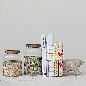 Creative Co-Op Boho Glass Storage Acacia Wood Lid, Natural Canister