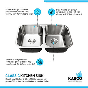 KABCO 32 Inch Stainless Steel Double Equal Bowl Classic Kitchen Sink, Extra Thick 16 Gauge Undermount Rust, Sound and Heatproof Sink with Sink Strainer and Removable Garbage Basket
