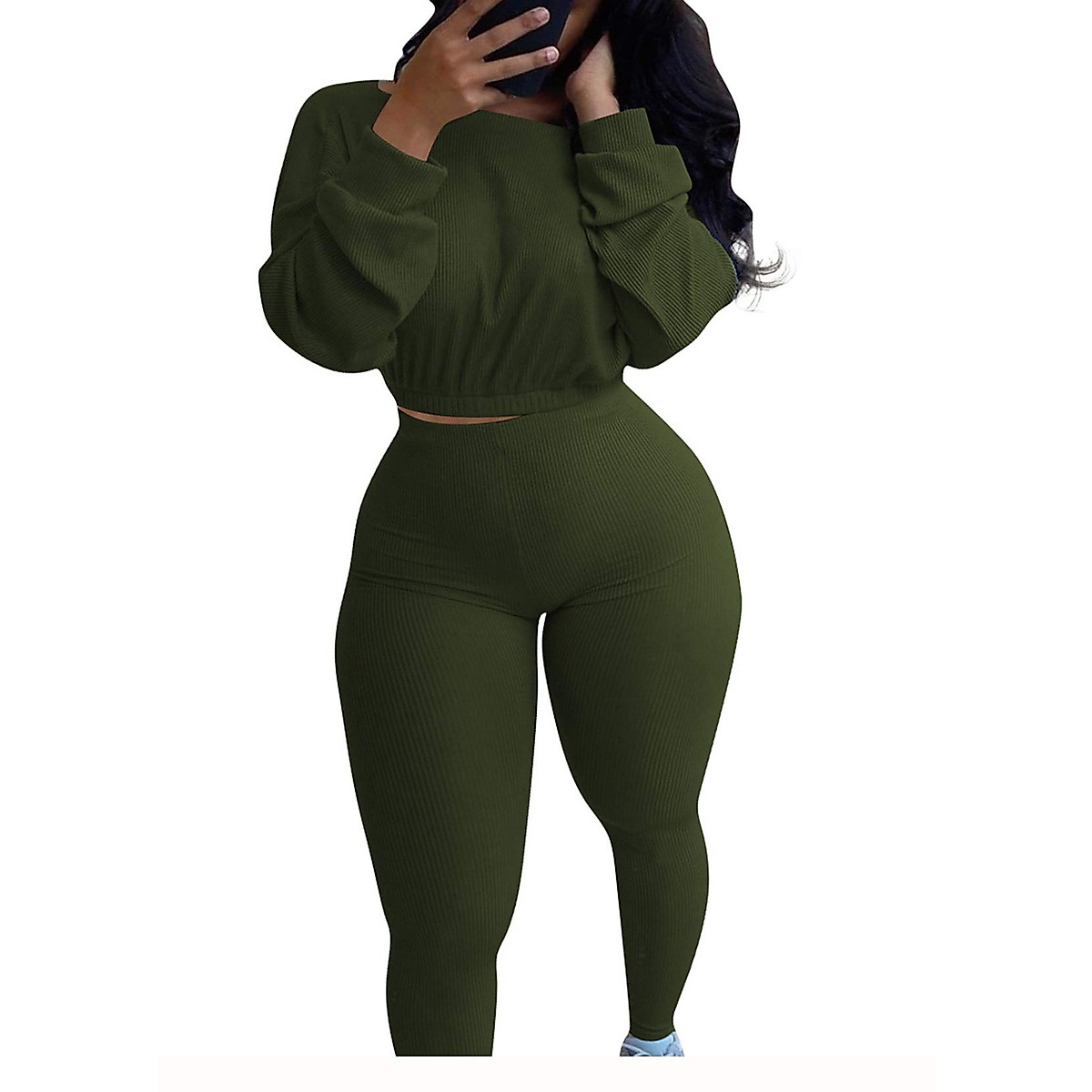 Women Ribbed 2 Piece Outfit Fall Winter Crop Tops Skinny Long Pants Bodycon Tracksuit Sweat Suit Set Jumpsuit Army Green XL