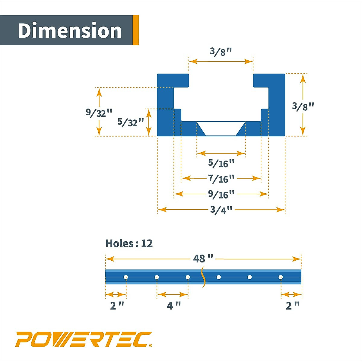 POWERTEC 71067 48 Inch Double-Cut Profile Universal T-Track with Predrilled Mounting Holes, 1PK, T Track for Woodworking Jigs and Fixtures, Drill Press Table, Router Table, Workbench