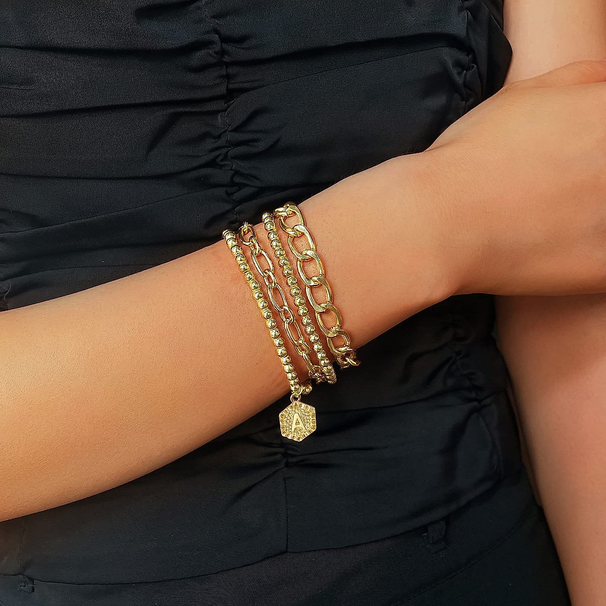 Gold Initial S Bracelets Stackable Bead Bracelet Set Layered 14k Gold Plated Stretch Letter Initial Bracelets Gold Chain Bangles Paperclip Link Charms Bracelet