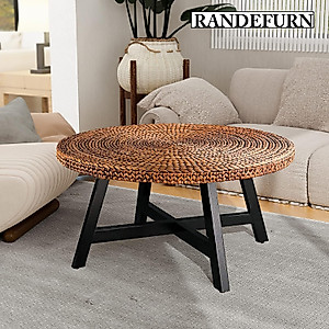 RANDEFURN Round Coffee Table, Seagrass Coffee Solid Pine Wood X Base Frame Cocktail Table, Easy Assembled, Multiple Sizes for Living Room, 32 x 17 Inches,Gold