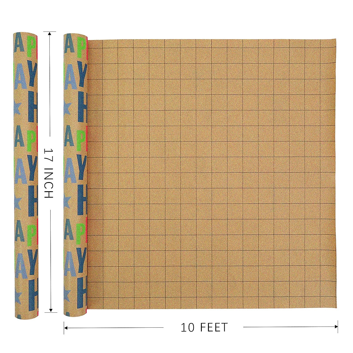 BIOBROWN Kraft Birthday Wrapping Paper - 17 Inch X 10 Feet (4 Rolls: 56.6 sq. ft. ttl.) Cupcake & Star Design Perfect for Party, Holiday, Baby Shower