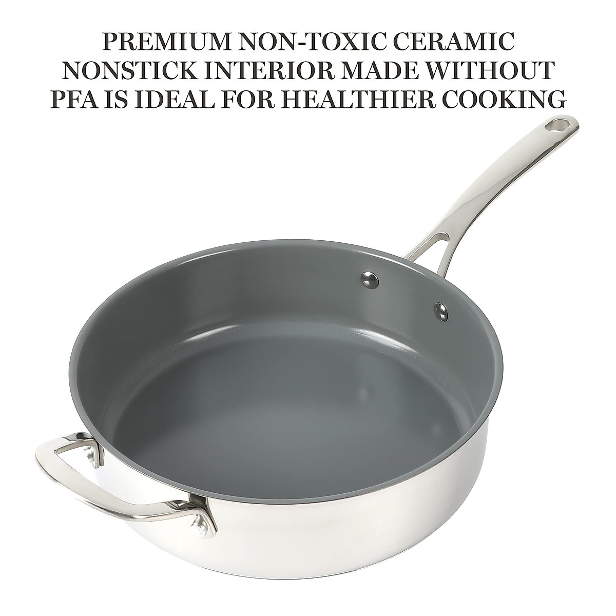 Martha Stewart Delaroux Stainless Steel 4-Quart PFAs Free Premium Ceramic Nonstick Saute Pan w/Tempered Glass Lid