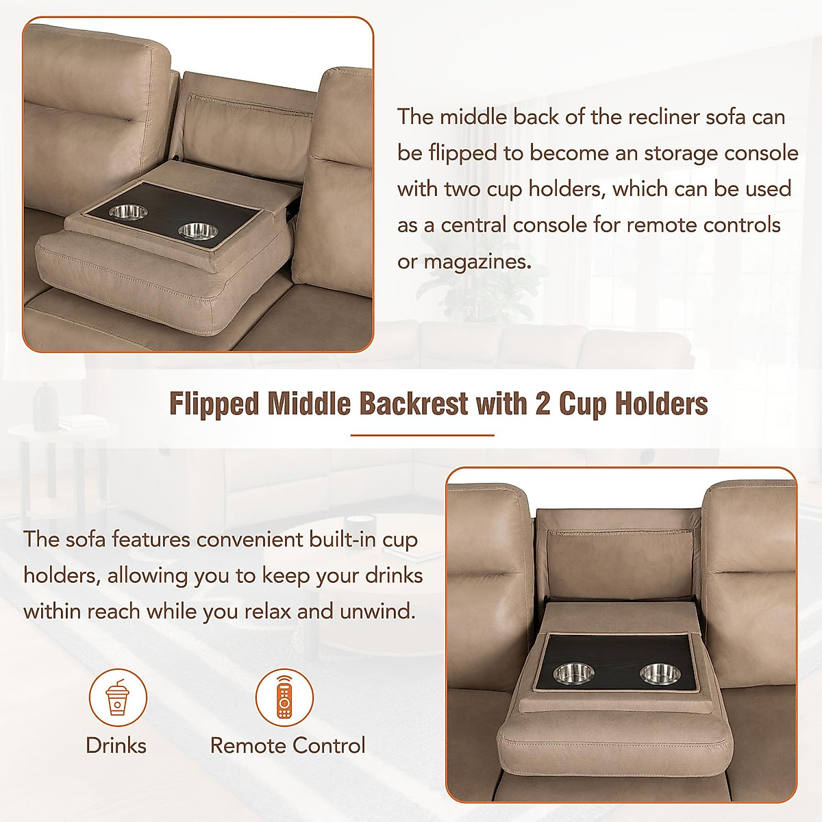 Mystiqueserenity Manual Reclining Home Theater Seating Recliner Chair Sofa with Flipped Middle Backrest and Console, 2 Cup Holders for Living Room, Bedroom, Home Theater, Light Brown