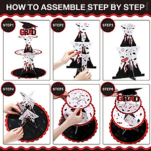 Nuenen 2 Pieces Graduation Cupcake Stand 3 Tier Black Graduation Cupcake Holder 2024 Congrats Grad Cupcake Holder Dessert Tower for Graduation Party Decorations Supplies Favors (Red)