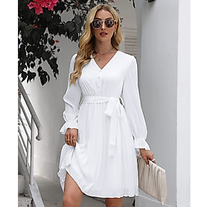 Kenaque Womens Long Sleeve V Neck Dresses for Wedding Guest Ruffle Lantern Sleeve Pleated Mini Dress with Belt Off-White