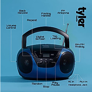 Tyler Portable CD Player Boombox Radio AM/FM Top Loading AC & Battery Compatible Aux Input & 3.5mm Headphone Jack Small Lightweight Compact Boom Box Home Stereo Speaker Carrying Handle Kids Room Blue