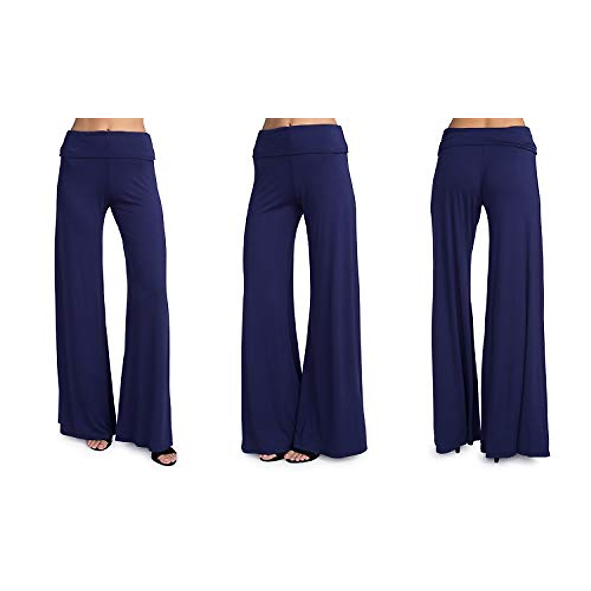 YELETE Women's Fashion Colorful Printed High Waist Fold Over Wide Leg Palazzo Pants (Large, Navy)