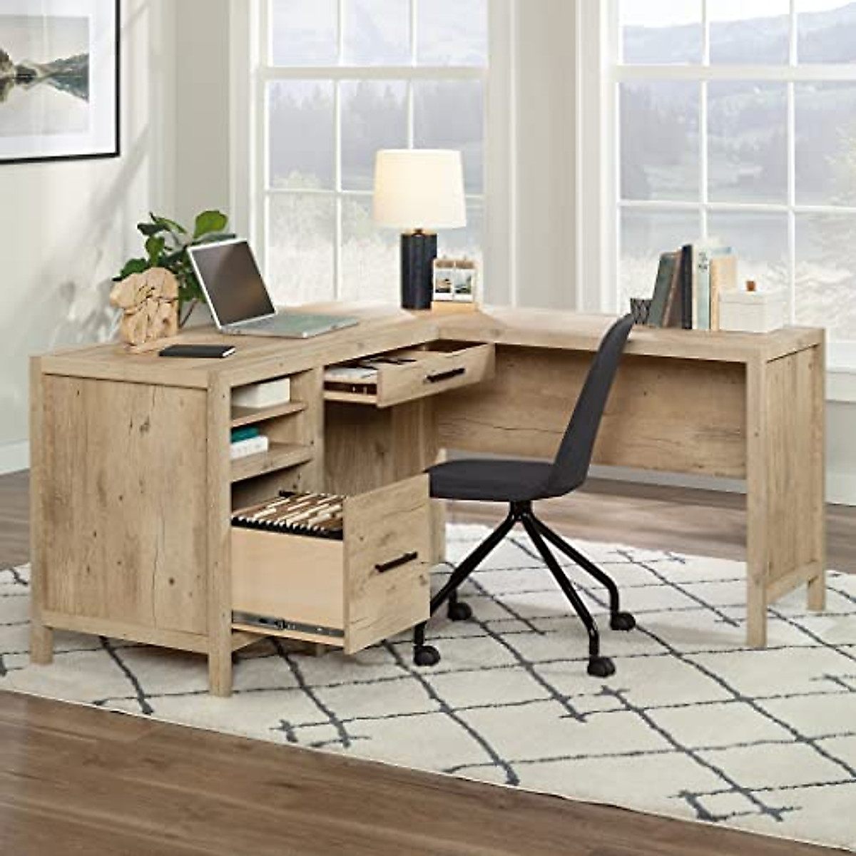 Sauder Pacific View L-Desk, L: 58.47" x W: 58.43" x H: 29.92", Prime Oak Finish