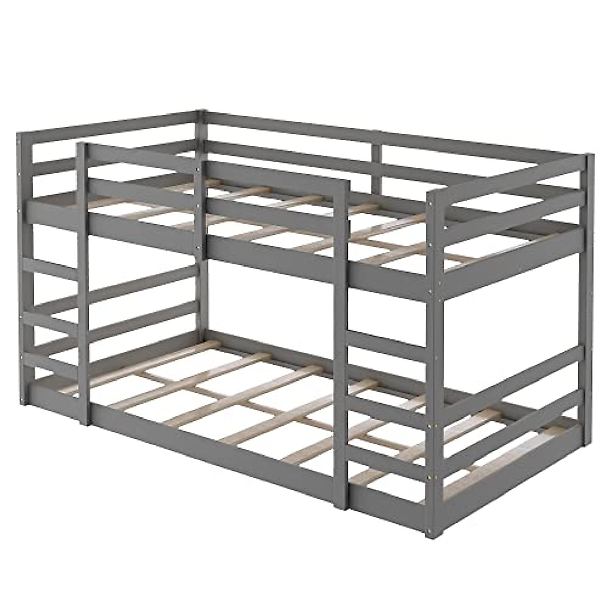 MERITLINE Wood Bunk Bed Twin Over Twin Bunk Beds for Boys and Girls, Simple Floor Twin Bunk Bed Frame with 2 Slats Sets and 2 Ladders, No Bunkie Board Needed