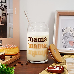 Whaline Gifts for Mother from Daughter Boho Mama Drinking Glasses with Bamboo Lids and Straw 2Pcs Mothers Day Gifts Ice Coffee Cup for Cocktails Whiskey Beer Soda Mother Gifts