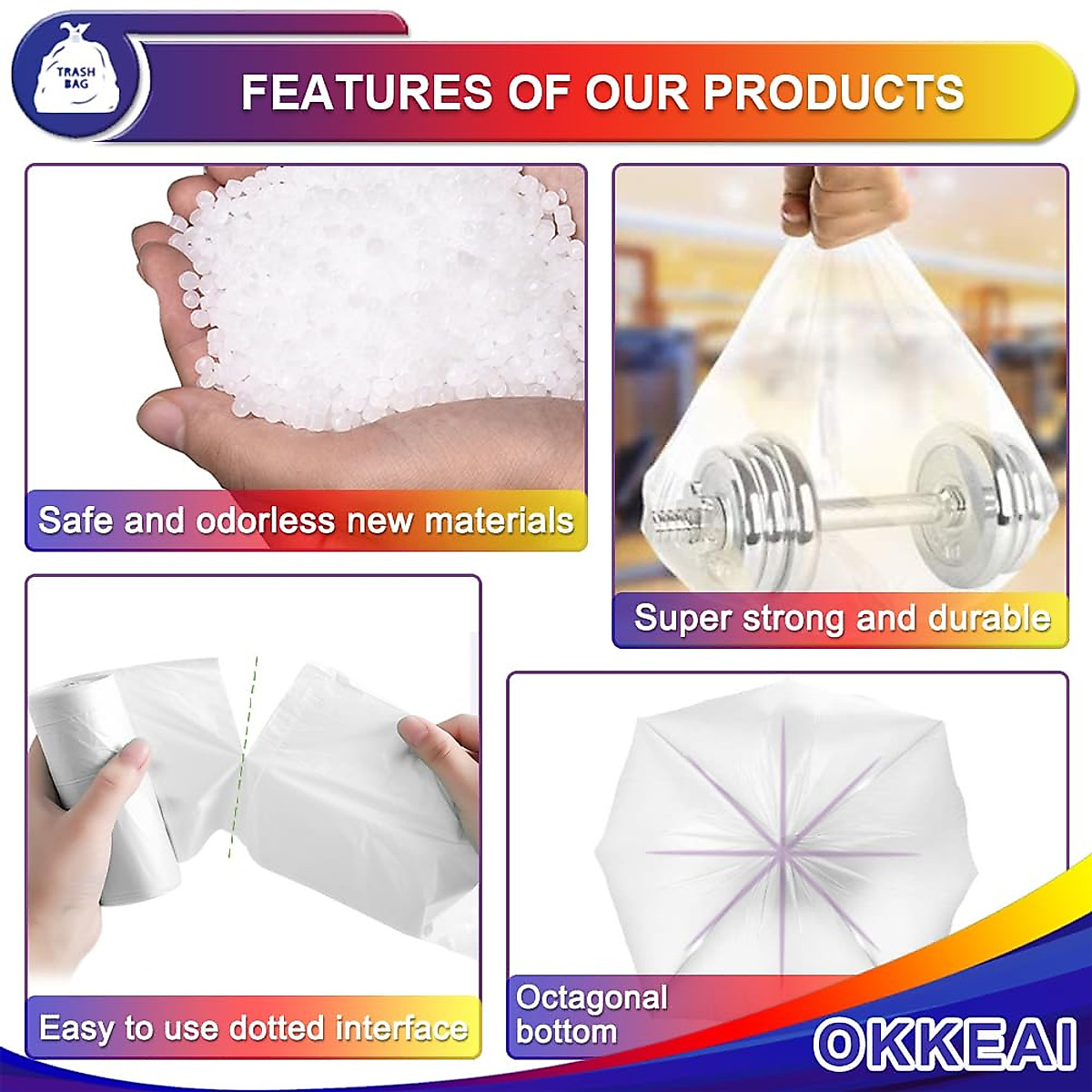 OKKEAI 8 Gallon Trash Bags 30L Garbage Bags Medium White Kitchen Trash Bags Wastebasket Liners for Bathroom,Home Office, Lawn,60 Count,Clear (Fits 7-10 Gallon Bins)