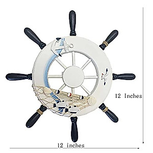 Rainbow Handcrafts Nautical Mediterranean Wooden Ship Boat Wheels Decor Anchor Fishing Net Nautical Wall Décor Wood Hanging Steering Wheel Pirate Decoration Beach Wall Art Ornament Bathroom Decoration