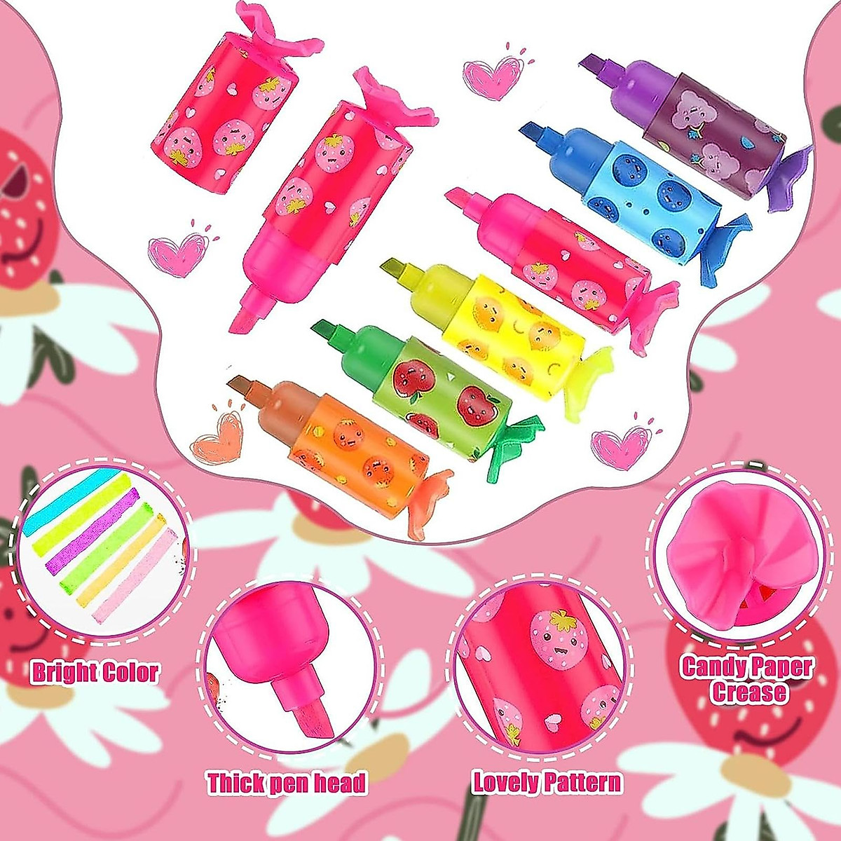 Candy Shape Highlighter, 6pcs Cute Candy Highlighters, Enhanced Notetaking Marker Pen, Size Light Weight Candy Highlighter Pens with Delightful Fruit Patterns For Kids Drawing and Greeting Card