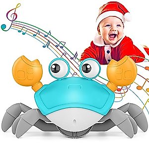 KIZJORYA Crawling Crab Baby Toy, Tummy Time Gifts for Toddler & Newborn, Light-Up Walking Dancing Moving Crab with Music & Obstacle Avoidance, Infant Rechargeable Sensory Development Toy(Green)