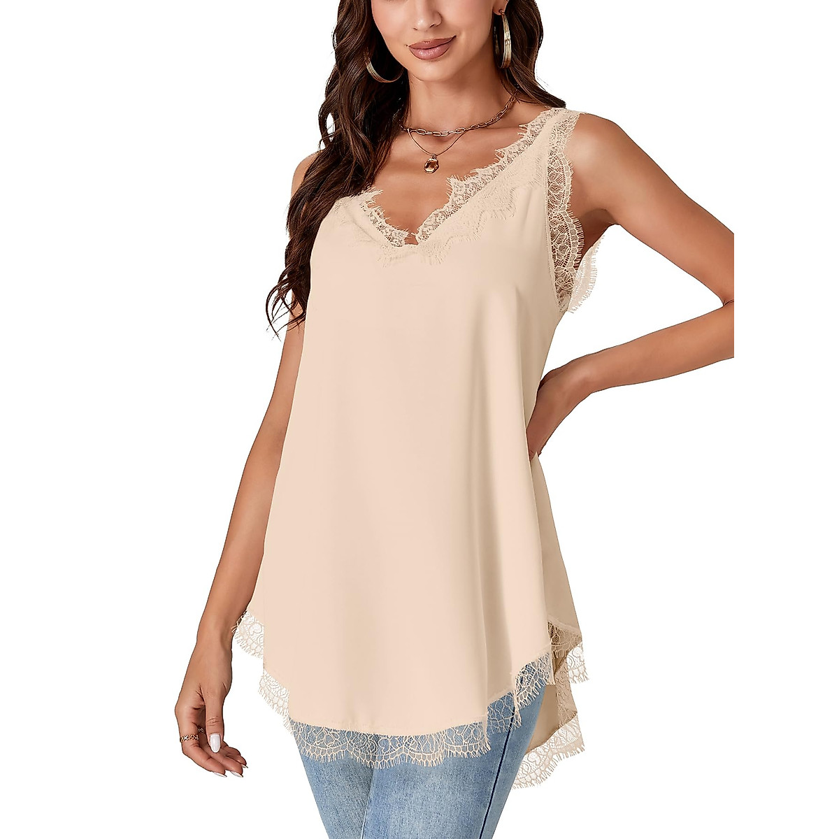LYANER Women's Summer Sexy V Neck Lace Trim Basic Sleeveless Tank Top Blouse Shirt Beige Medium