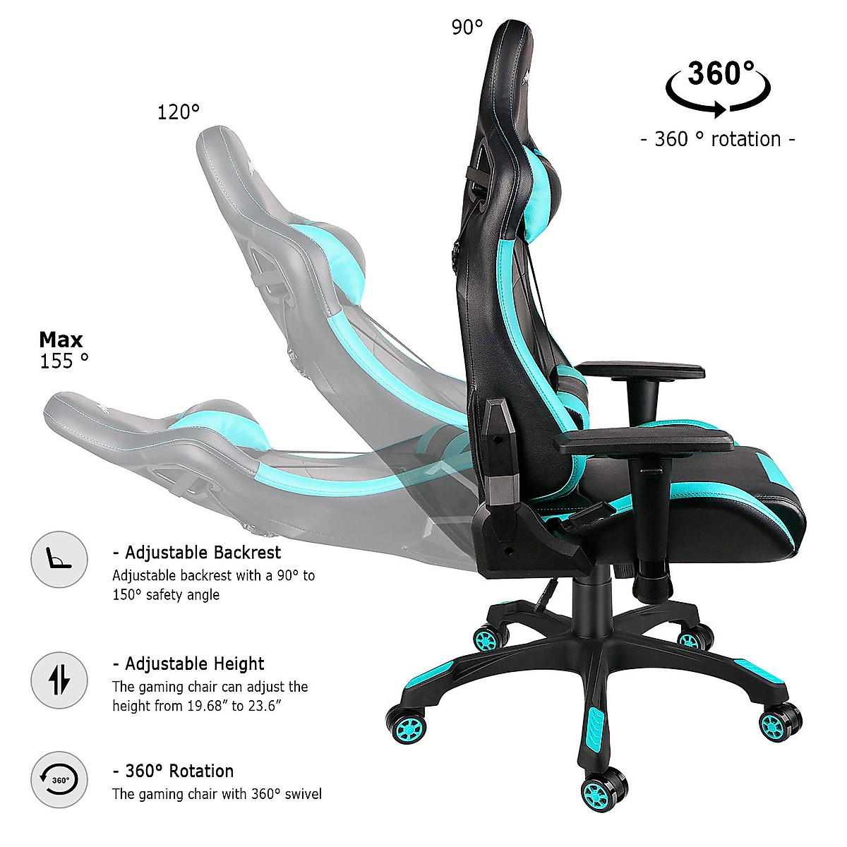 Leopard Gaming Chair, High Back PU Leather Office Chair, Adjustable Video Gaming Chairs, Swivel Racing Chair with Adjustable Armrest (Black/Light Blue)