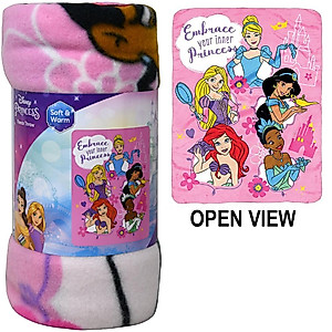 Disney Princess Fleece Blanket Sleepover Set for Girls - Bundle with 45x60 Inch Princess Throw Blanket, Drawstring Bag, Stickers and More (Disney Princess Room Decor)