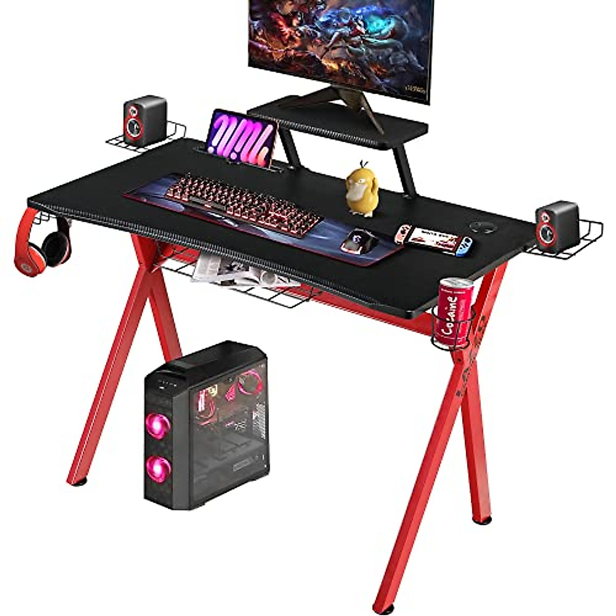 OKL 42” Gaming Desk- Home Office Computer Table, Black Carbon Fiber Gamer Workstation with Monitor Support，Headphone Hook，Pad Groove，Cable Management Holes，Storage Basket for PS4 Xbox (Red)