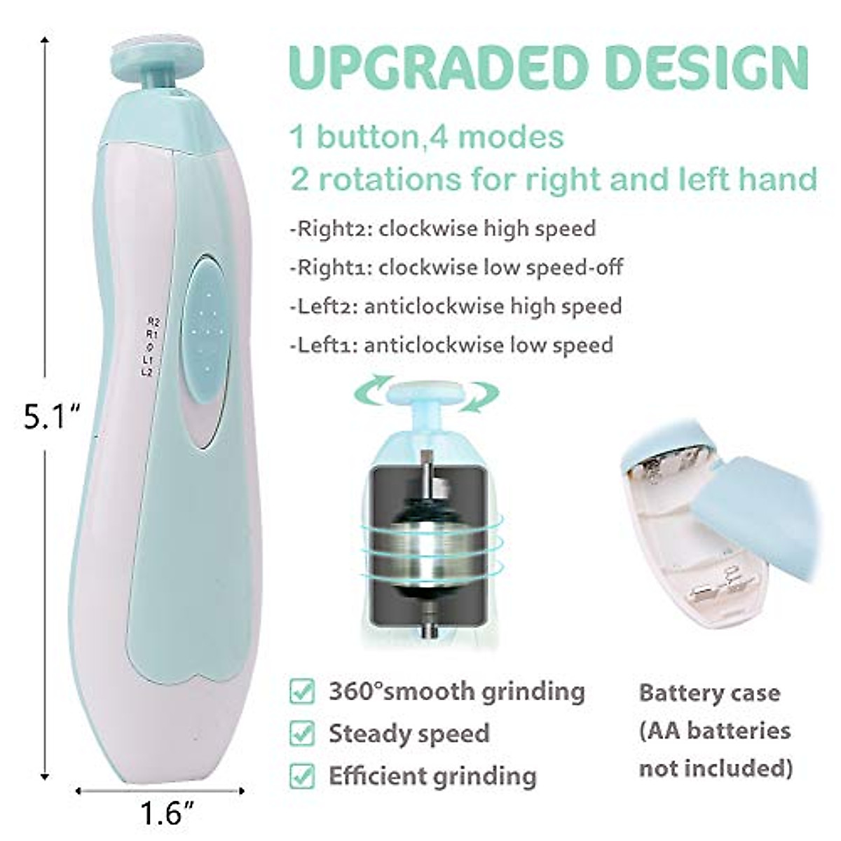 Baby Nail Trimmer Electric Nail File Baby Nail Clippers, Safe Nail Filer Grinder Kit for Newborn Infant Toddler Kids or Adults Toes Fingernails Care Trim Polish, with Led Light and 10 Grinding Heads