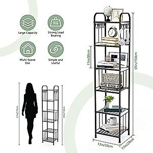 6 Tier Narrow Metal Bathroom Towel Storage Shelving Unit with 10Pcs S Hooks, Freestanding Corner Rack Shelves for Small Spaces, Practical Shelf Bookshelf for Bedroom Pantry Laundry Kitchen (Black)…