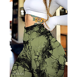 SENBAN Women Scrunch Workout Leggings: Butt Lifting High Waisted Yoga Pants - Tie Dye Seamless Booty Gym Leggings Army Green M