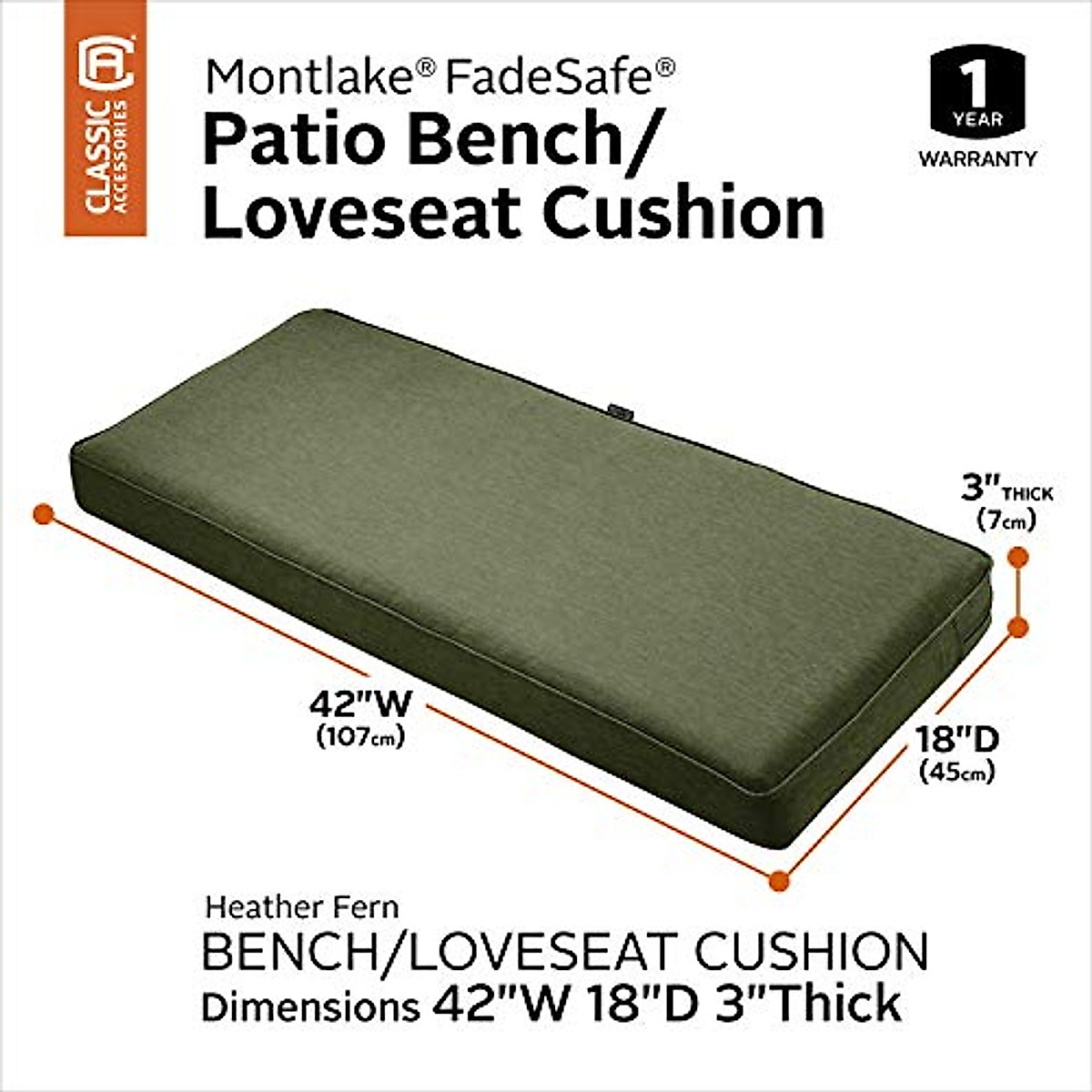Classic Accessories Montlake FadeSafe Water-Resistant 42 x 18 x 3 Inch Outdoor Bench/Settee Cushion, Patio Furniture Swing Cushion, Heather Fern Green, Patio Loveseat Cushion