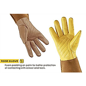 FOUR-AM 2Pairs Gardening Gloves Cut Proof Elbow Length Cowhide Leather Garden gloves women size (Yellow&Belge, Large(Yellow 1Pair))