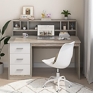 MaverickFurni Walnut and White Desk with 3 Drawers, Small Desk with Storage, Study Desk with Hutch, Kids Desk with Drawers, Wooden Computer Desk for Bedroom