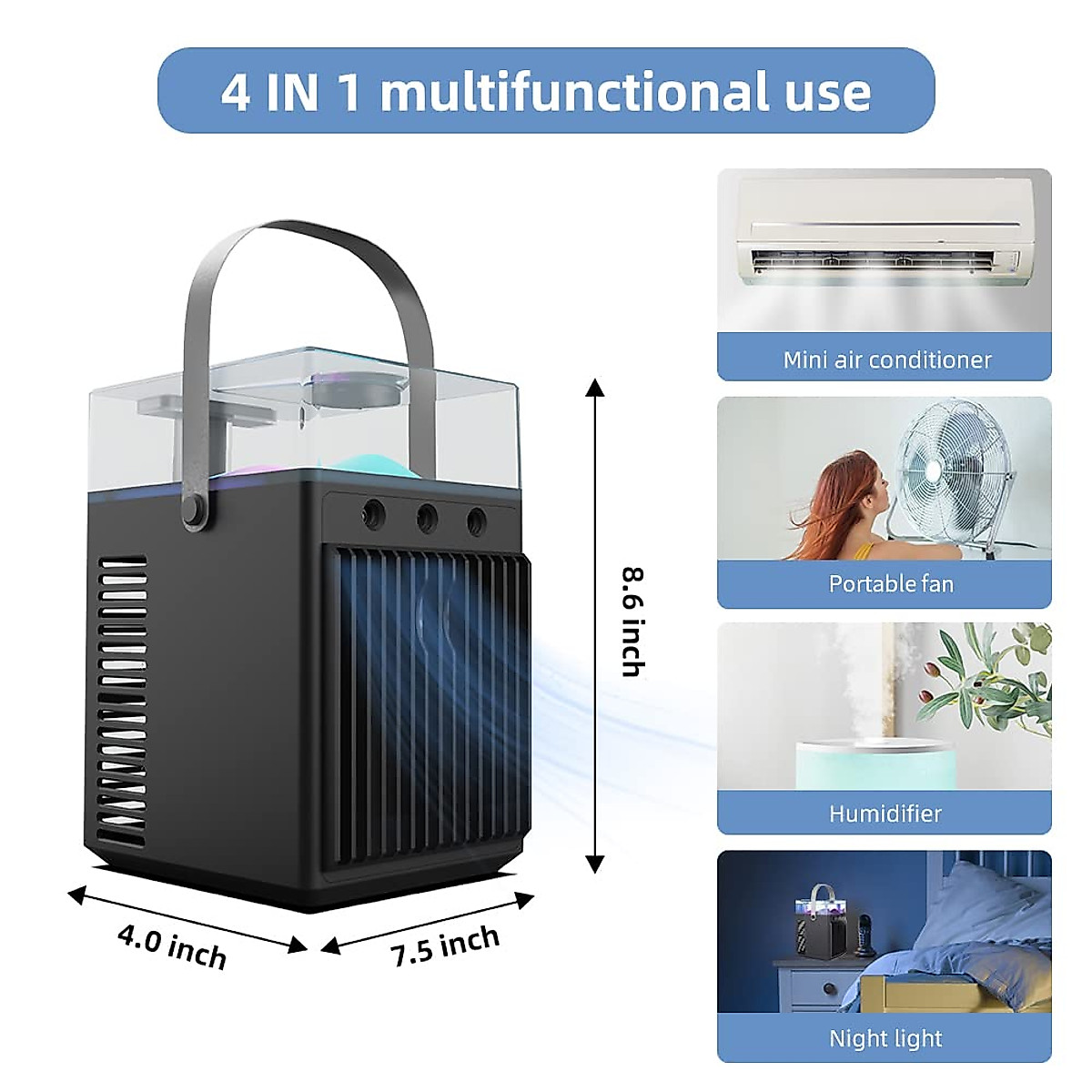 Portable Air Cooler Fan, Evaporative Air Cooler Rechargeable, Personal Air Conditioner with 6 Reusable Ice Boxes, Quiet Desk Fan with Air Humidifier and LED Night Light for Bedroom Camping Trip black-01