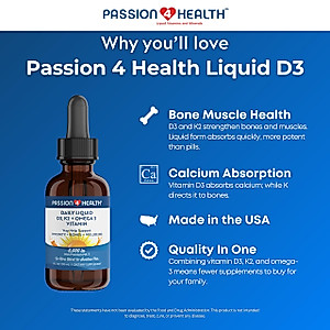Passion 4 Health Organic Liquid Vitamin D3 (5000IU) + K2 (Mk-7) + Omega 3 Supplement - Support for Healthy Bones and Muscles (1)