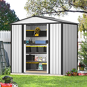 Crownland 4X6 FT Patio Garden Storage Shed Steel Outdoor Garden Shed Tool House with Ventilation & Sliding Door (Cool White)
