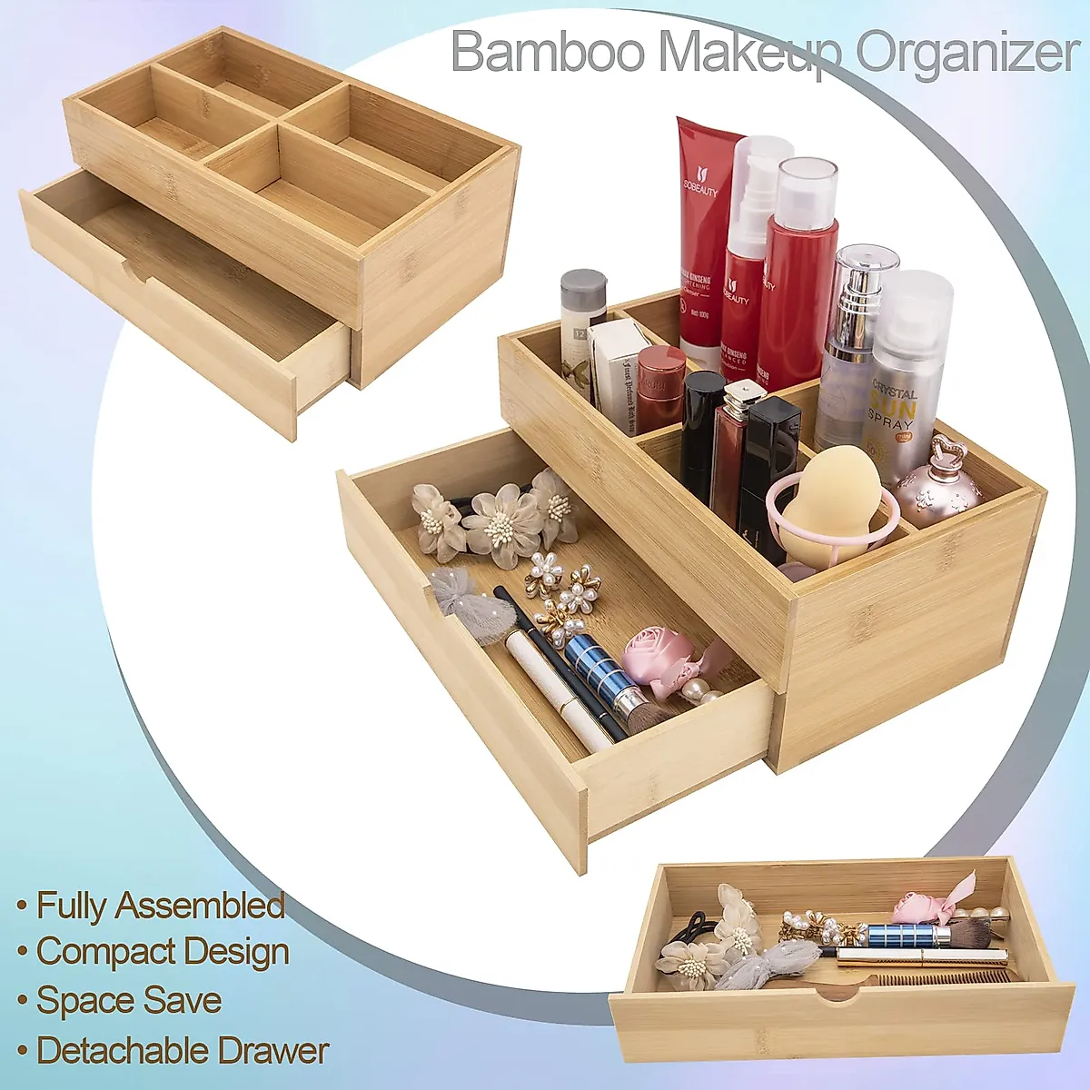 BOOTOP PIN Bamboo Makeup Organizer with Drawers for Countertop, Dresser, Bathroom Skincare