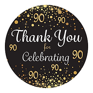 Black and Gold 90th Birthday Thank You Stickers - 1.75 in - 40 Labels