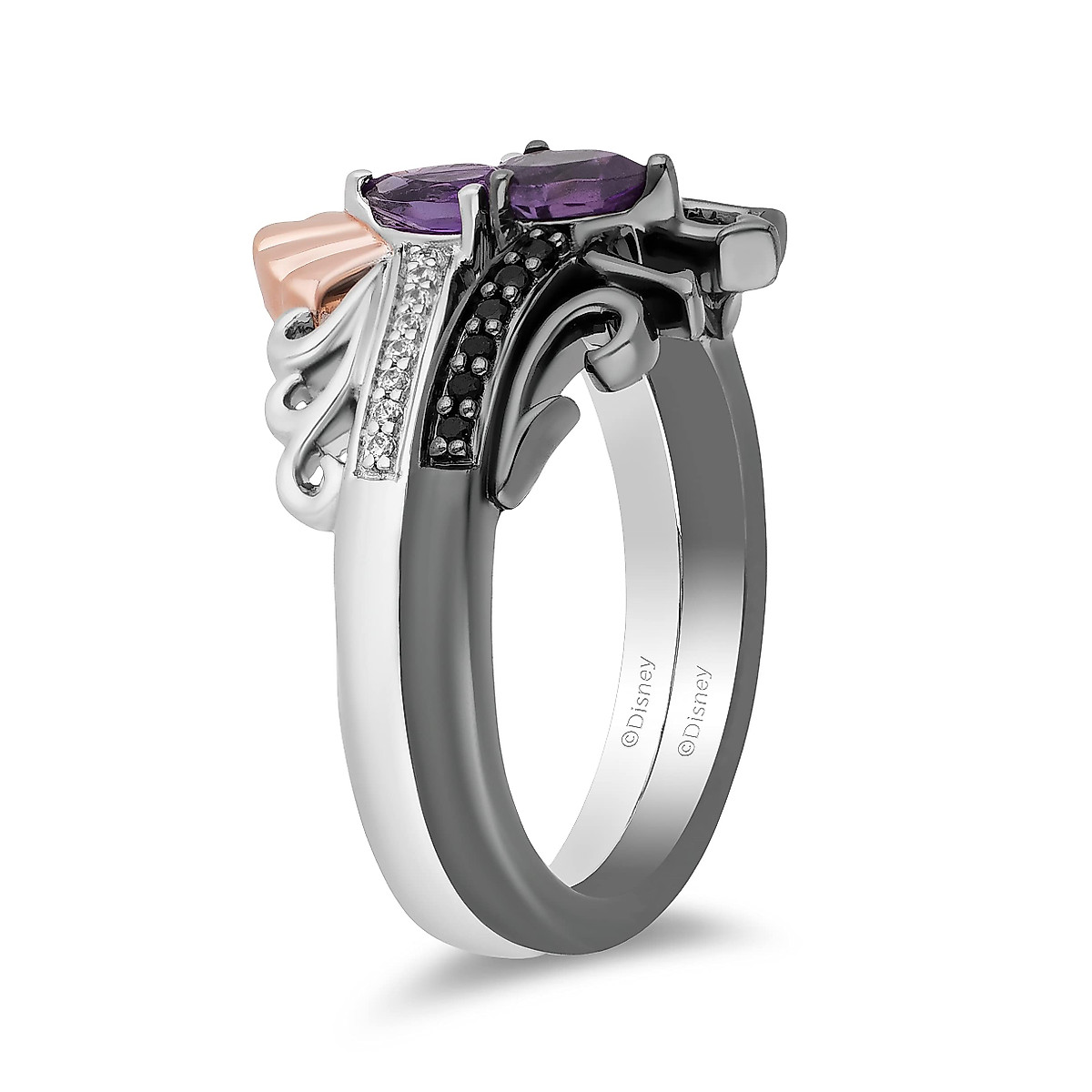 Jewelili Enchanted Disney Fine Jewelry Black Rhodium &14K Rose Gold Over Sterling Silver 5x3 MM Pear Amethyst with 1/5 Cttw Treated Black & Natural White Round Diamond Ariel Villains Duo Ring, Size 8